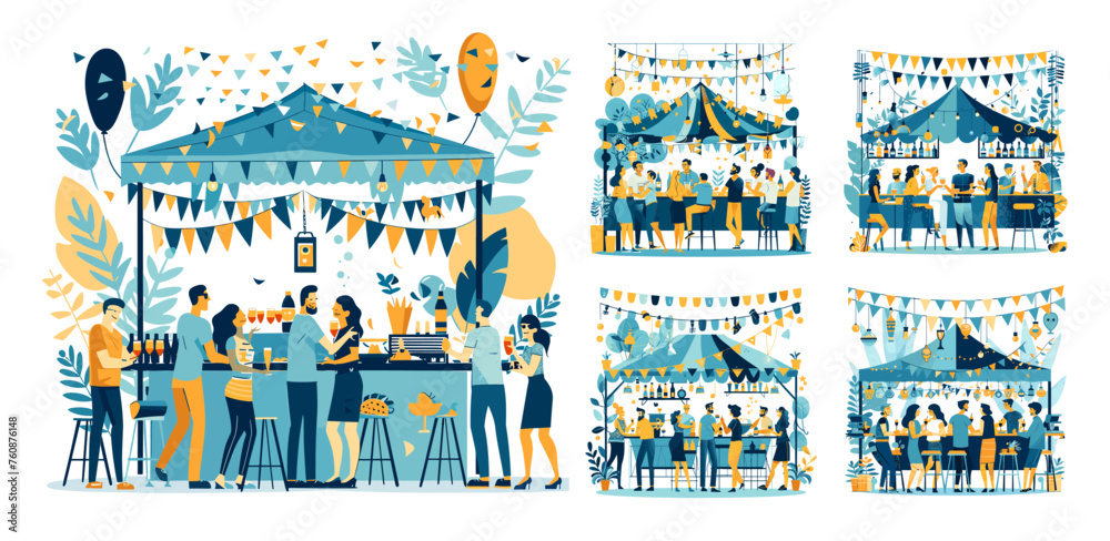 Open air bar tent party crowd minimalistic cartoon scenes vector set ...