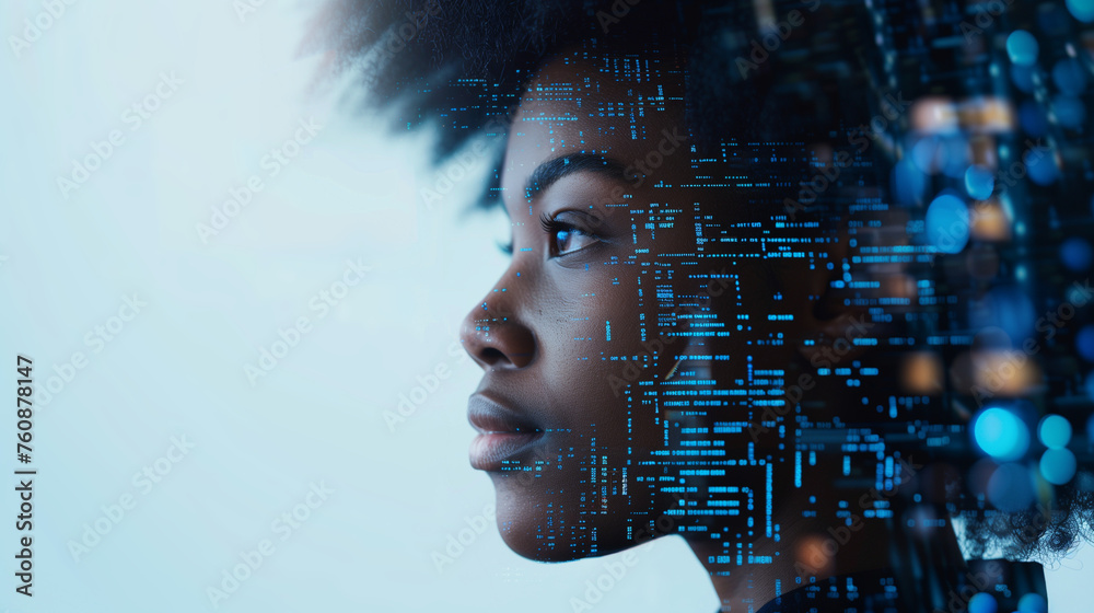 side profile portrait of a black female with a tech pattern overlay, a ...