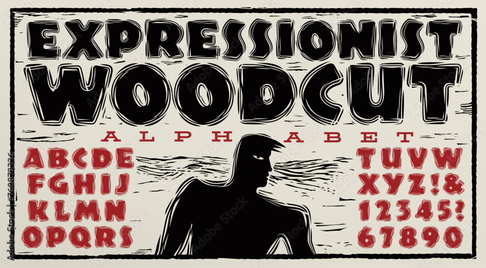 A stylized alphabet in the style of 20th century expressionist woodcut ...