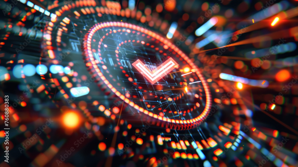 Tech savvy validation. Check mark icon on abstract technology ...
