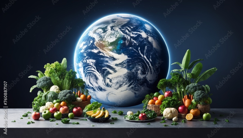 Planet Earth, surrounded by wholesome foods and plants. Digital art ...