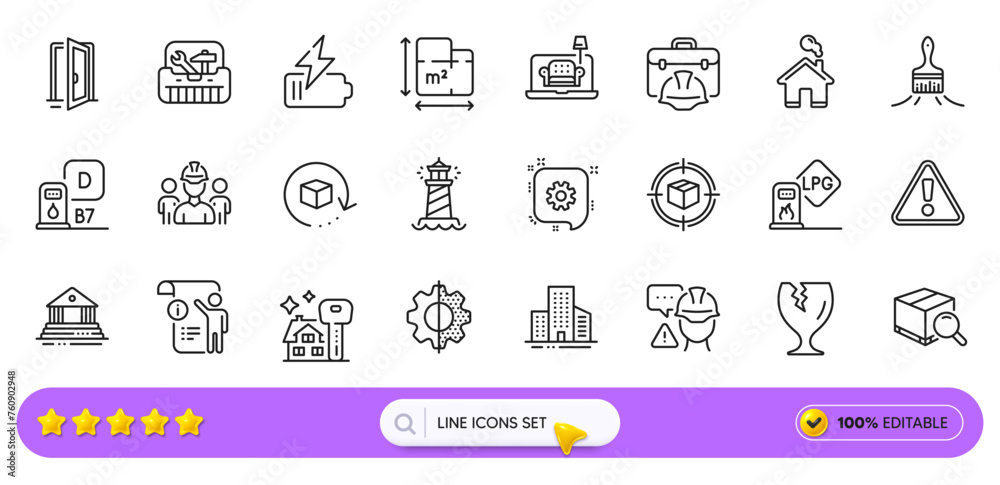 Warning, Home and Diesel station line icons for web app. Pack of Fragile package, Builder ...