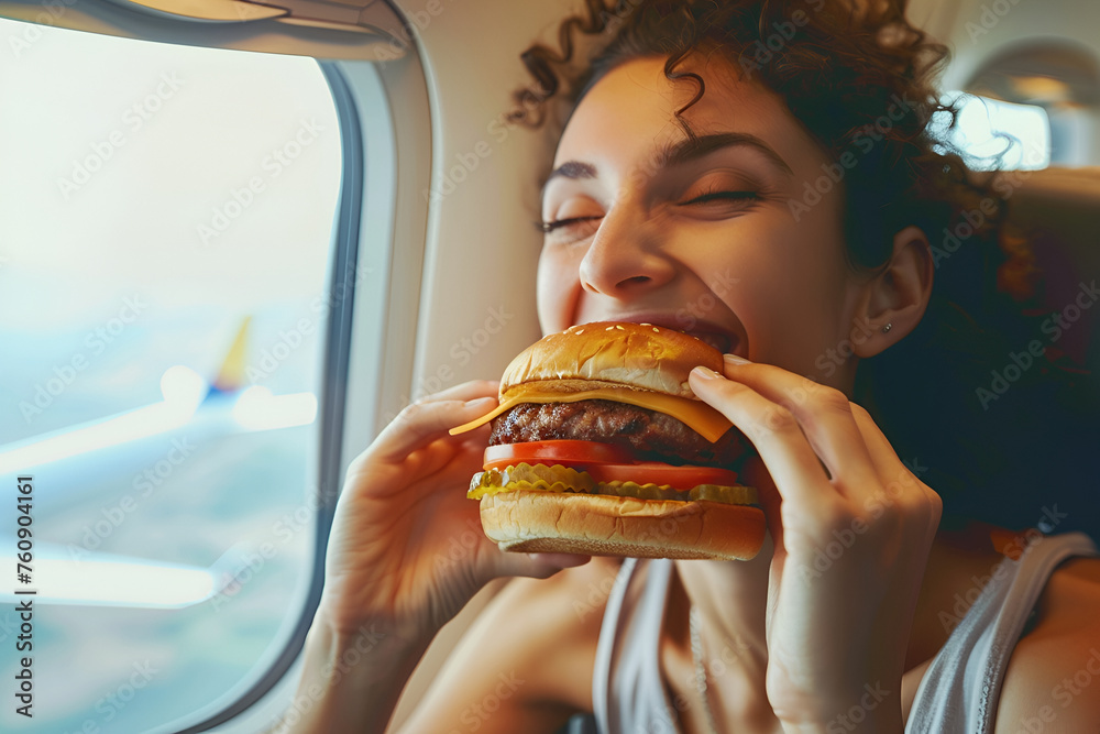 Beautiful young woman eating a plane meal at a window seat, enjoying a ...