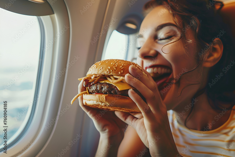 Beautiful young woman eating a plane meal at a window seat, enjoying a ...