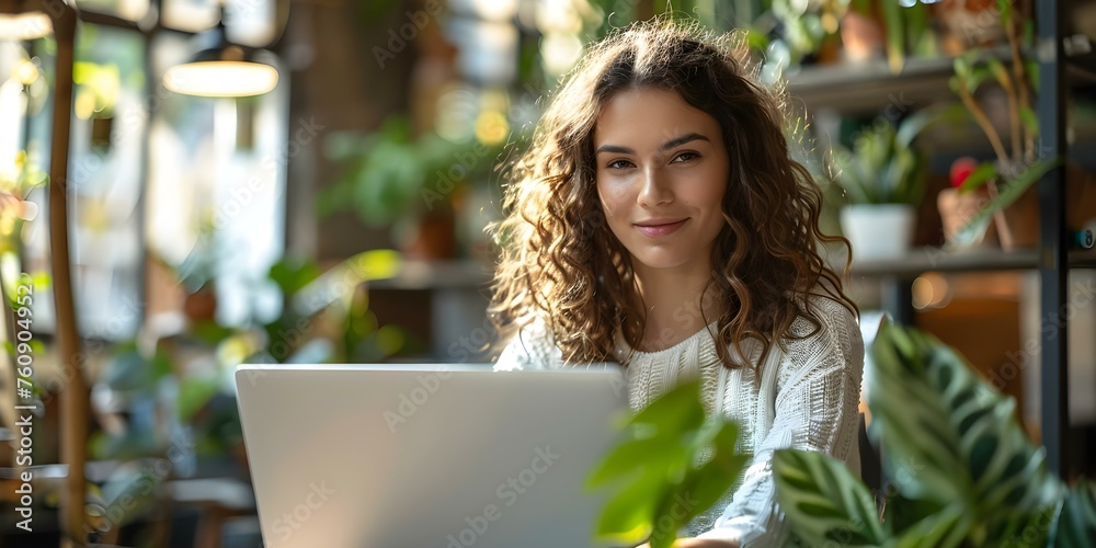 Female student attending virtual classes and working from home office ...