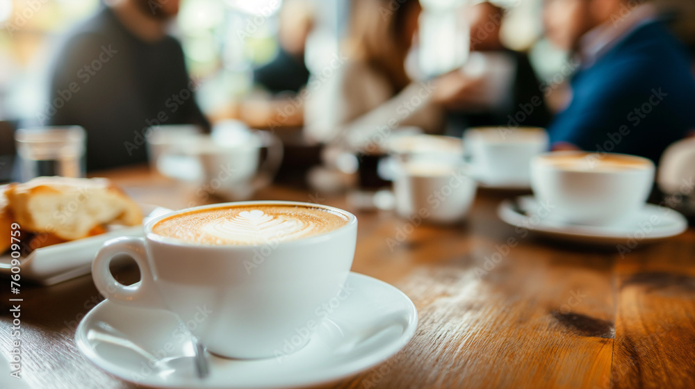 An informal catch-up between colleagues at a coffee station, discussing ...