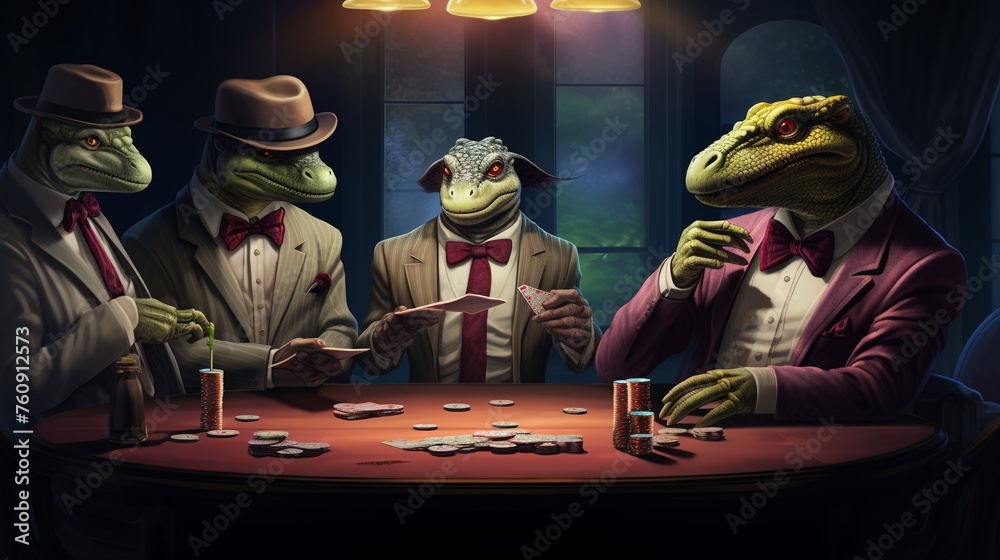 Five gecko mobsters at a lavish card game intense gazes smoke curling ...