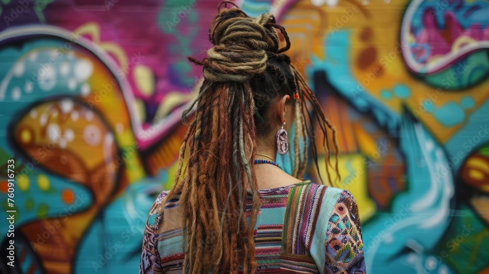 Woman with dreadlocks styled into intricate patterns, against a ...