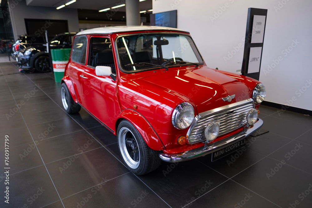 vintage Red Classic Rover MINI Cooper 1.3 Oldtimer in showroom, iconic ...