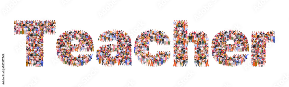 Vetor de Large group of people forming word Teacher. Crowd of ...