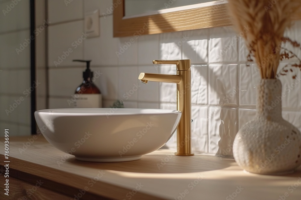 Brushed brass tap mixer on timber vanity with white basin bowl against ...