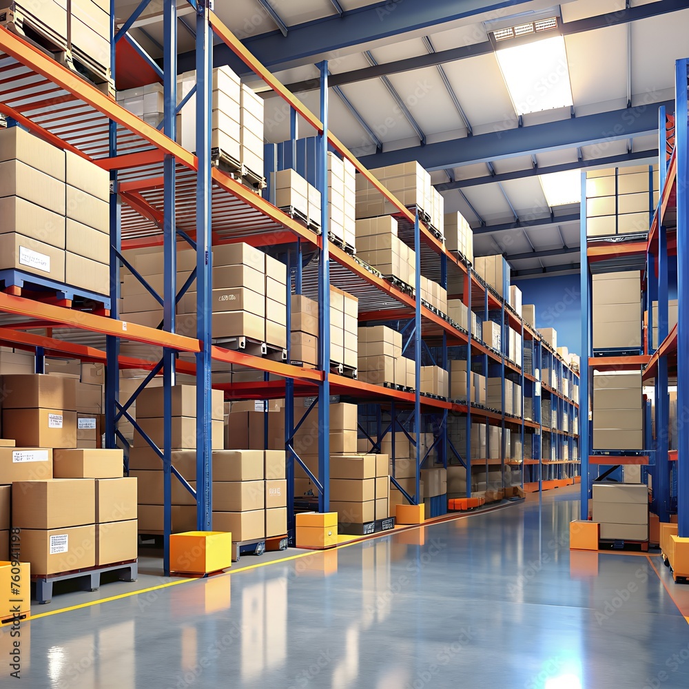 well-organized warehouse with neatly stacked boxes and labeled shelves ...