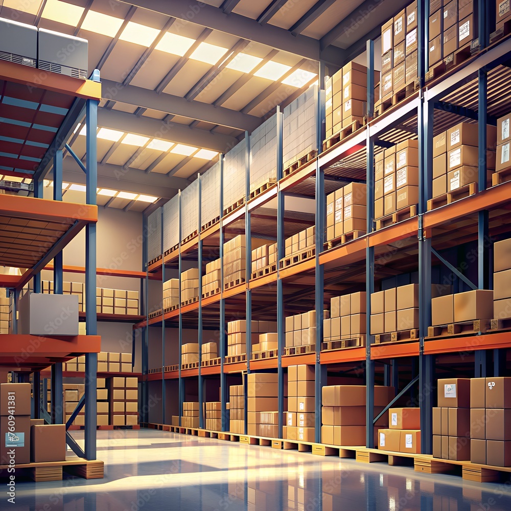 well-organized warehouse with neatly stacked boxes and labeled shelves ...