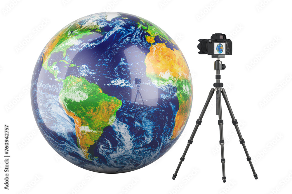 Earth Globe and Tripod with digital camera. 3D rendering isolated on ...