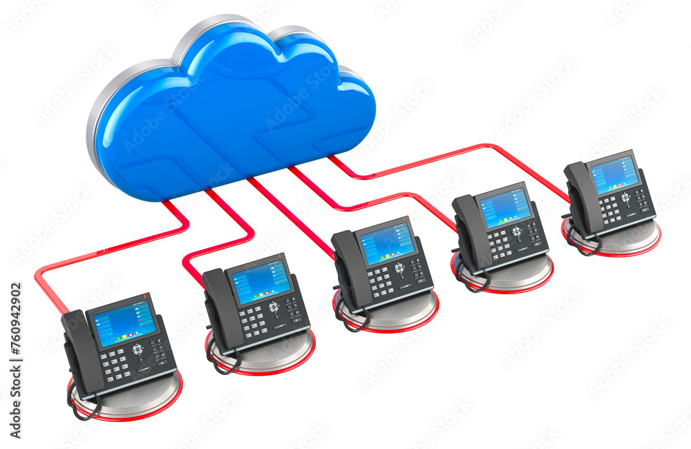 VoIP communication concept. Cloud with ip phones, 3D rendering isolated ...