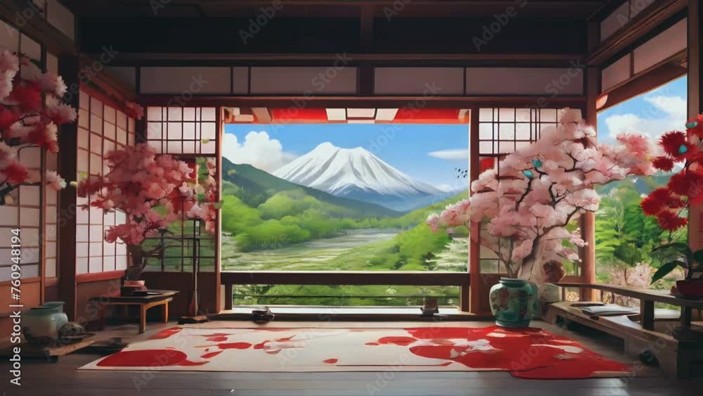 relaxing room of a traditional Japanese house in anime style, view from ...