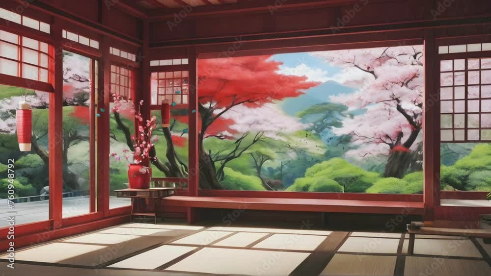 the relaxing room of a traditional Japanese house with open windows ...