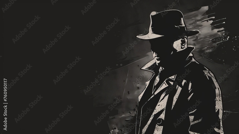 Mysterious old-fashioned detective in hat on dark noir background ...