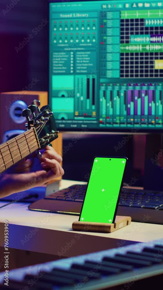 Vidéo Stock Vertical Video Young musician watching tutorial lesson to ...