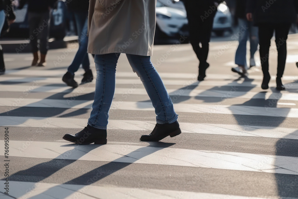 Close-up of the feet crossing a street on the zebra or pedestrian path ...