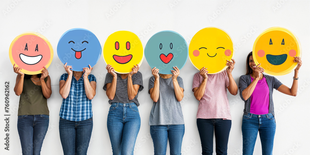 Healthy workplace culture concept. A group of diverse people holding ...
