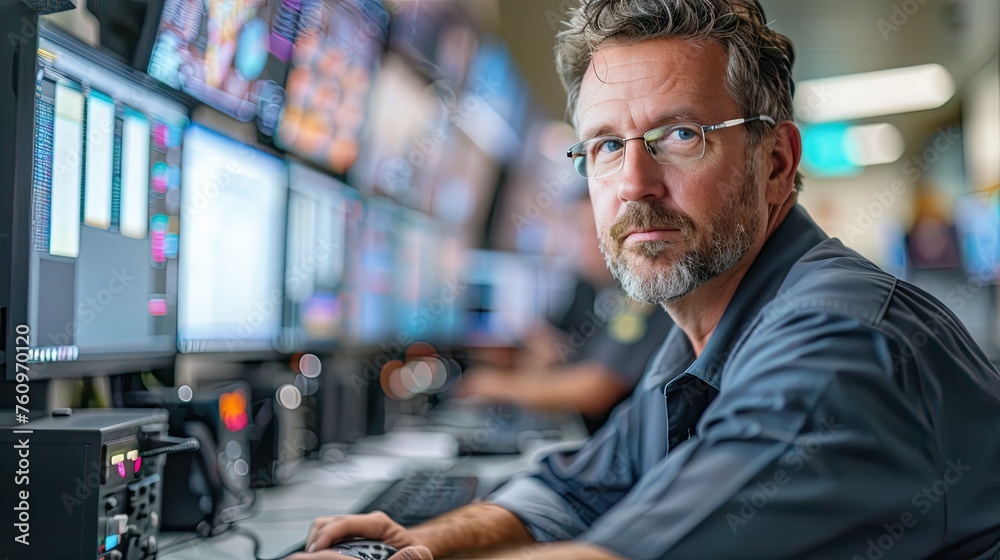 system security specialist working at system control center Stock Photo ...