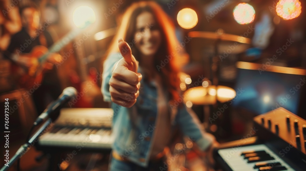 Thumbs up sign. Woman's hand shows like gesture. Music studio ...