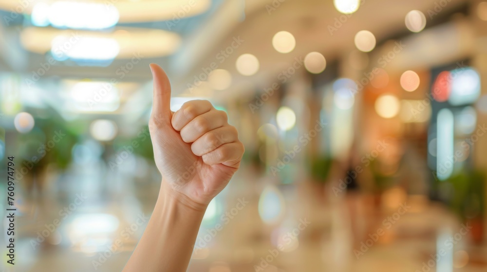 Thumbs up sign. Woman's hand shows like gesture. Shopping mall ...