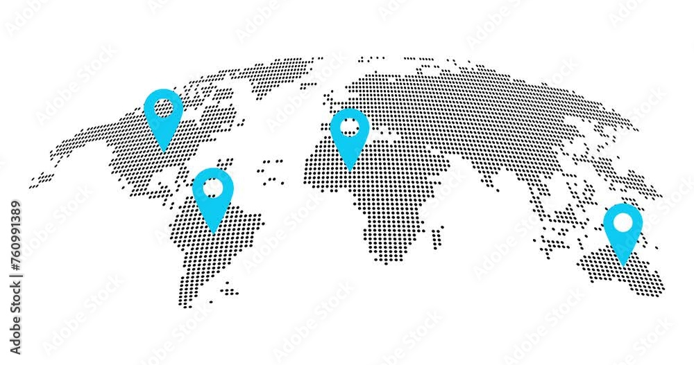 Abstract world map animation with pointers. Pins on world map ...