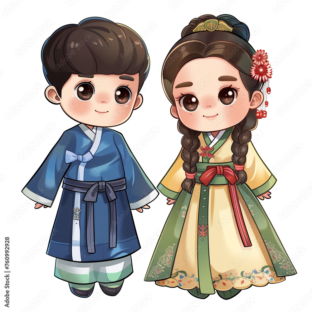 Cute cartoon little Korean boy and girl in traditional costume. AI ...