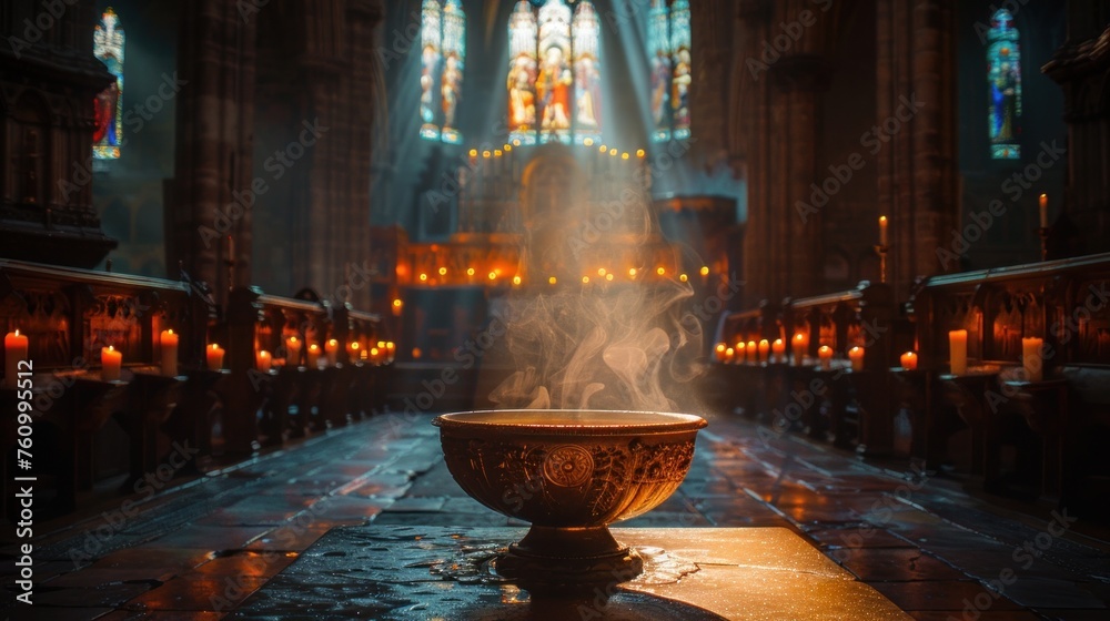 Mystical Smoke Rising from a Font in the Sacred Light of a Gothic ...