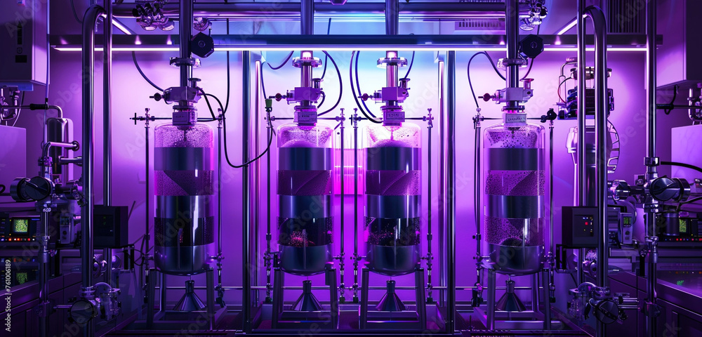 Detailed view of a stirred tank bioreactor with multiple connections to ...