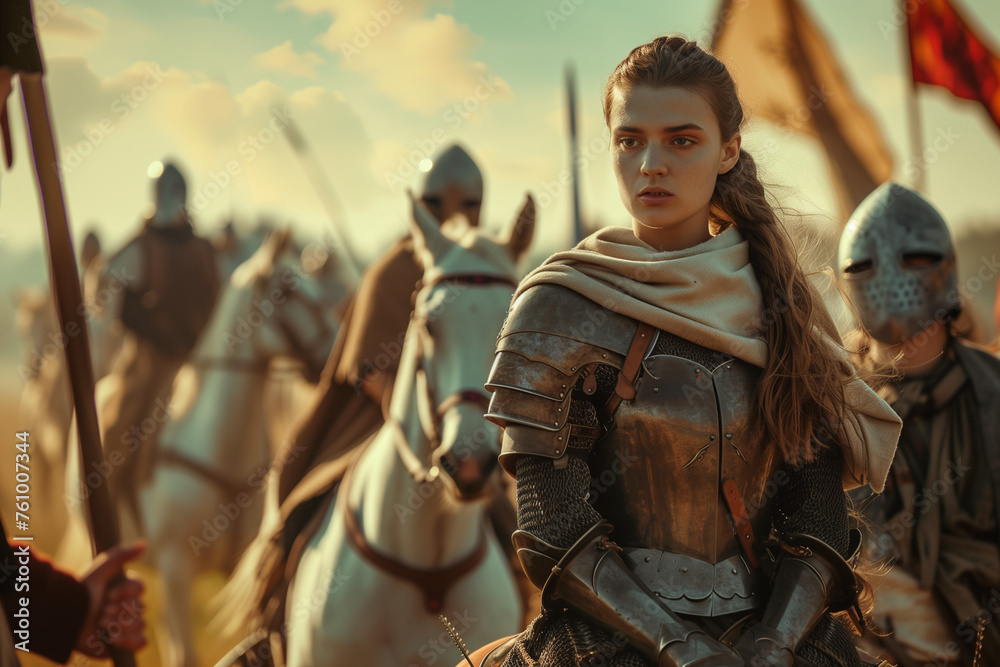 Medieval Female Knight on Horseback with Army of Knights in Historical ...