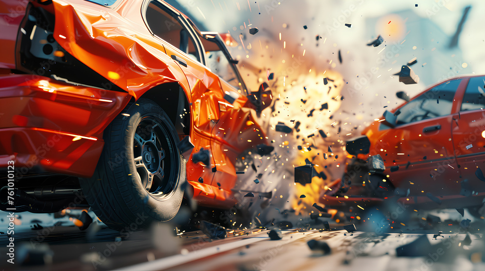 A car accident scene with a white car in the middle of the road. The ...