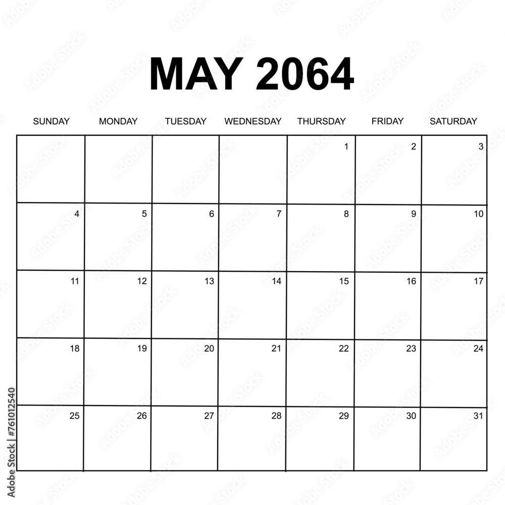 may 2064. monthly calendar design. week starts on sunday. printable ...
