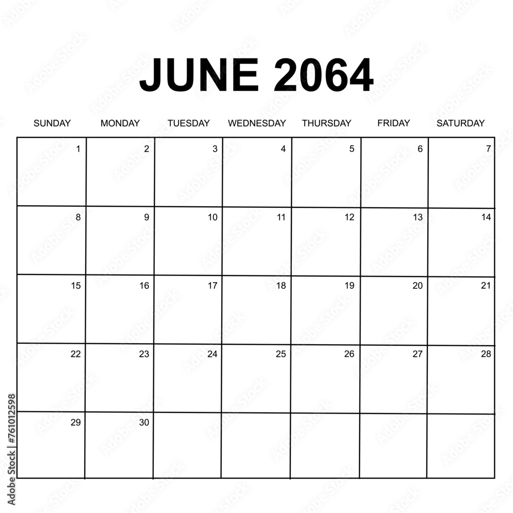 june 2064. monthly calendar design. week starts on sunday. printable ...
