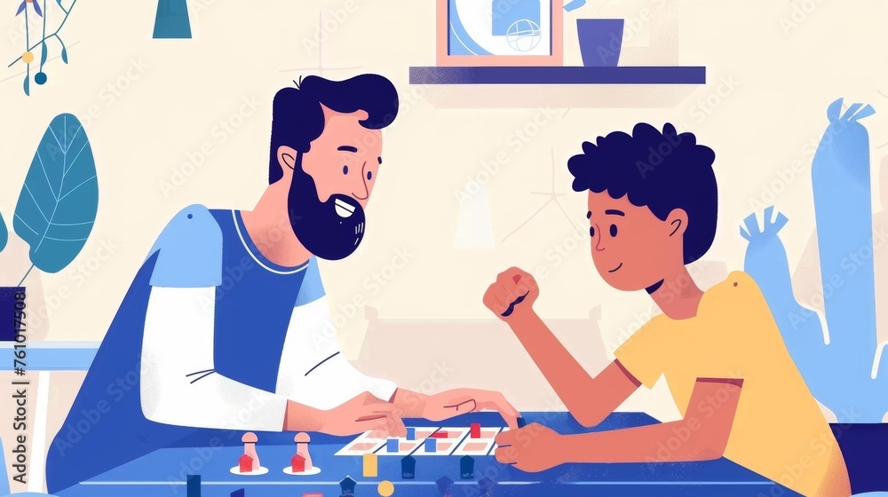 A father and son playing a board game together with the son making a ...