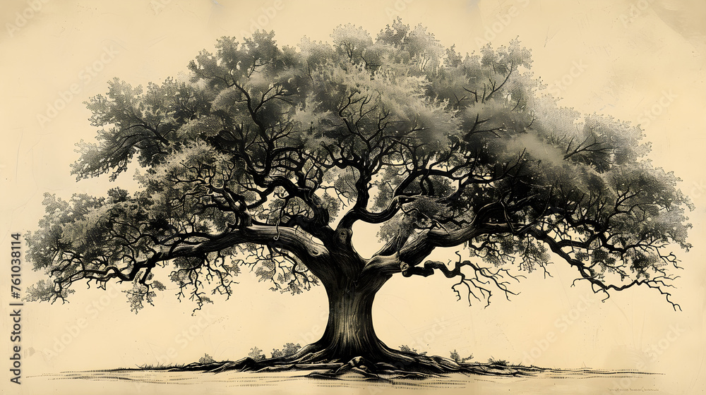 Photo & Art Print A beautiful, hand-drawn oak tree with engravings ...