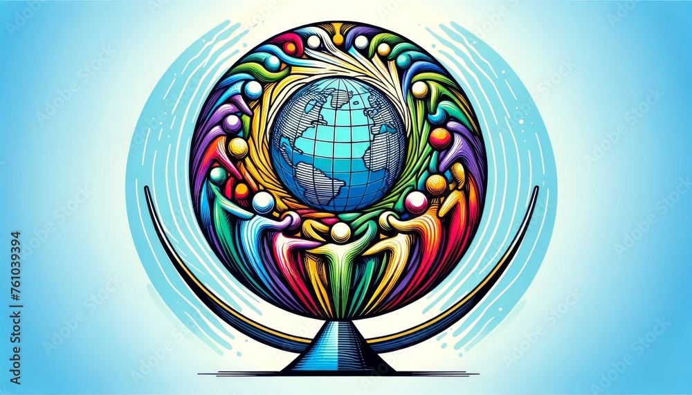 Stylized digital artwork of a balanced globe encapsulated by human ...