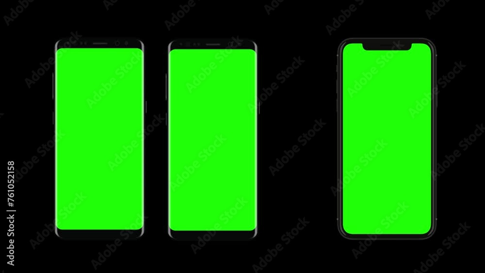 Smartphone Mockup Series with blank green screen, isolated on Black ...