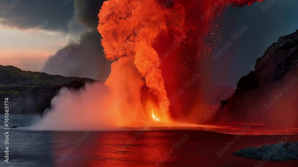 A stunning volcanic eruption where fire meets water, releasing a cloud ...