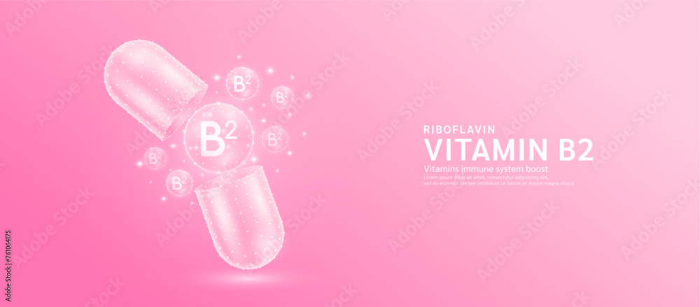 Vitamin B2 pill drug capsule open with pink bubble ball float out in ...