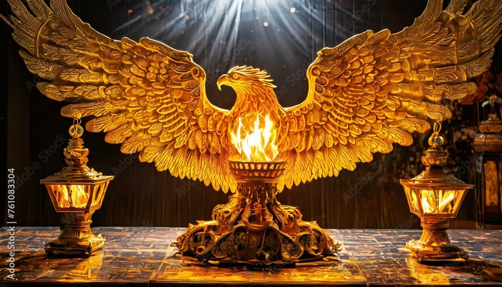 an intricate eagle-shaped double fire lantern, blending traditional ...