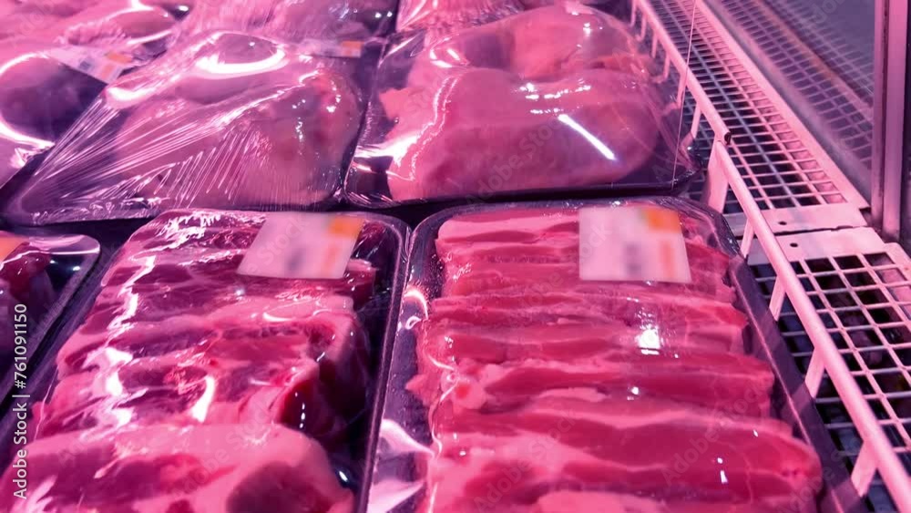 Close-up of neatly packaged chilled raw beef and pork steaks and ...