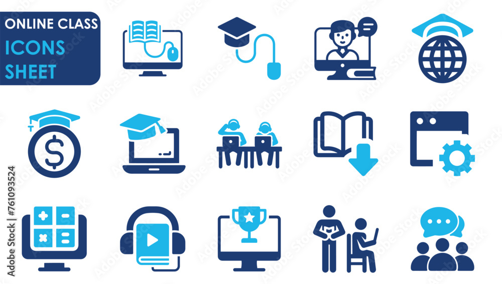 Online education icon set. Containing video tuition, e-learning, online ...