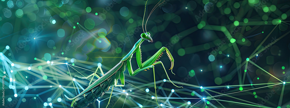 Matrix mantis emerging from a chart of interconnected nodes and lines ...