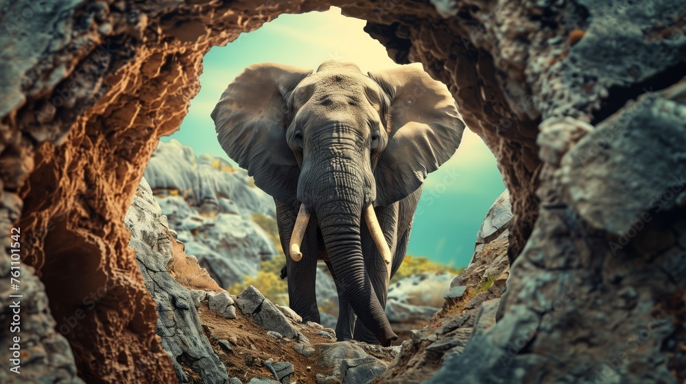 Majestic Gateway, A powerful elephant stands framed by a natural rock ...