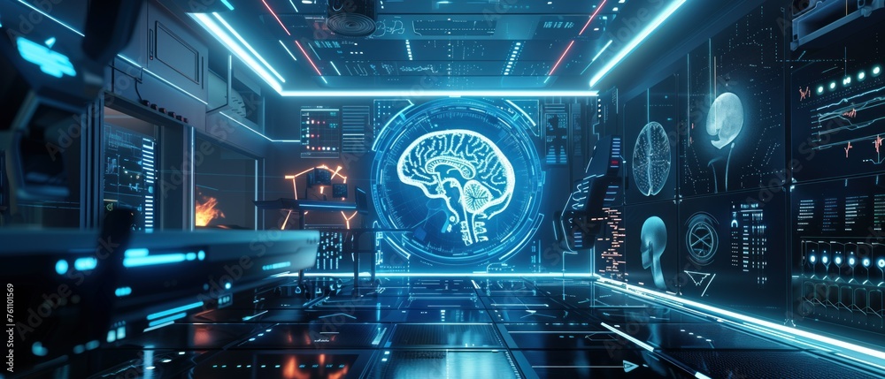 Nexus of Intelligence, A high-tech command center with a holographic ...