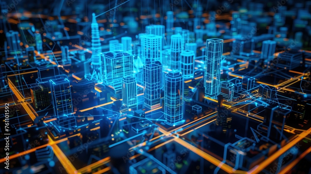 Neon Blueprint of Urban Progress, A vibrant, complex 3D visualization ...