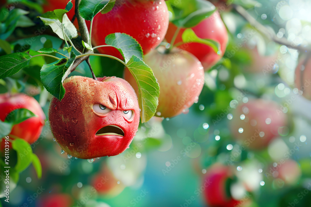 One bruised bad apple, hanging in an apple tree, spoiled apple concept ...